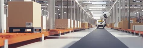 Automated Warehouse With Robotic Sorting Conveyor System Stock