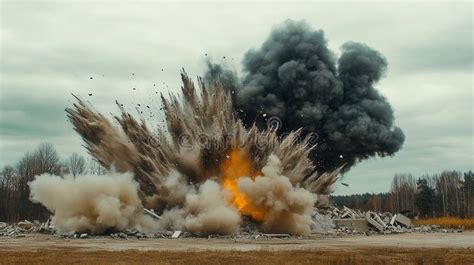 Missile Impact On Abandoned Building Generates Explosion And Dark Smoke