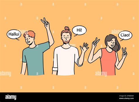 Smiling Multiracial People Waving Hands Greeting In Different Languages