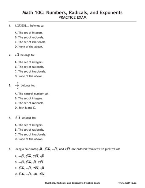 Math10c Practice Exam Numbers Radicals Exponents Math 10c Numbers