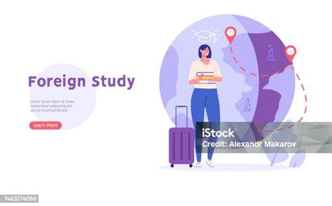 국제 고등학교에서 유학생 학습 외국 연구 글로벌 교육 학생 교환 프로그램 교육 관광의 개념 웹 배너를 위한 플랫 디자인의 벡터 일러스트레이션 여행 주제에 대한 스톡 벡터