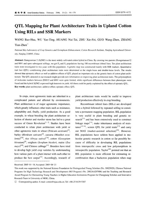 Pdf Qtl Mapping For Plant Architecture Traits In Upland Cotton Using Rils And Ssr Markers