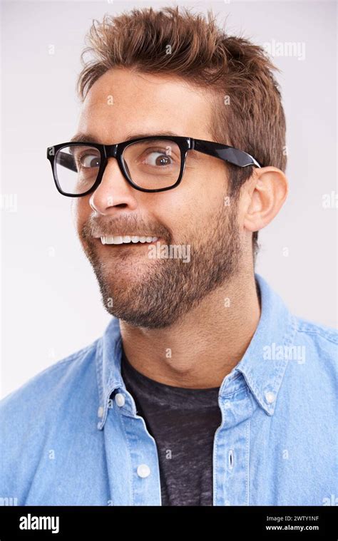 Silly Face Nerd And Man With Glasses Portrait And Goofy Guy On A Grey