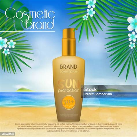 이국적인 야자수와 해변 배경에 여름 선크림 화장품 디자인 서식 파일 나뭇잎 3d 현실 태양 보호와 제품 광고입니다 3차원 형태에 대한 스톡 벡터 아트 및 기타 이미지