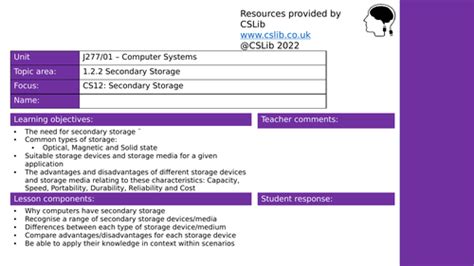 Gcse Cs Secondary Storage Workbook New Teaching Resources