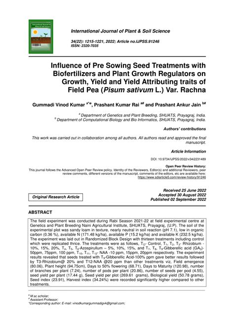 Pdf Influence Of Pre Sowing Seed Treatments With Biofertilizers And Plant Growth Regulators On