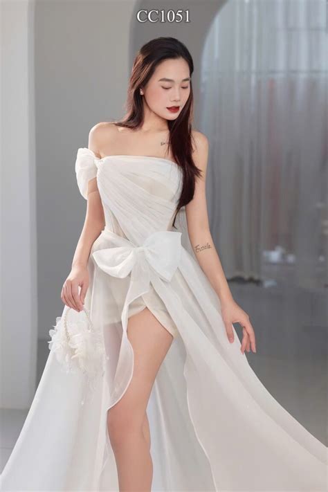 ชุดเดรส ราตรี แต่งงาน แต่งโบว์ สีขาว Brand Hiso 3047 Size S M