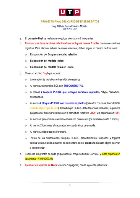 Proyecto Final Del Curso 1 Proyecto Final Del Curso De Base De Datos Mg Gálvez Tapia Orleans