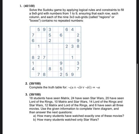 Solved 1 40100 Solve The Sudoku Game By Applying Logical