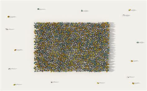 흰색 배경에 소셜 미디어와 지역 사회 개념에 사각형 상자 기호를 형성하는 사람들의 큰 그룹 위에서 군중 그림의 3d 기호가 함께