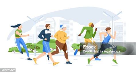 봄 또는 여름 도시 주자 도시 마라톤과 달리기 대회 피트니스와 건강 사람들의 성격의 다양성 벡터 평면 그림 달리기에 대한 스톡 벡터 아트 및 기타 이미지 Istock