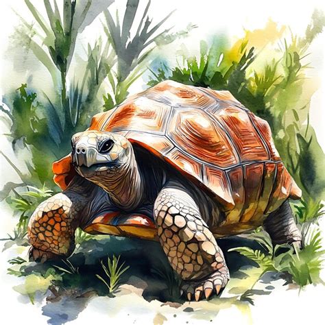 Watercolor Illustration Of A Giant Tortoise In Lush Green Foliage