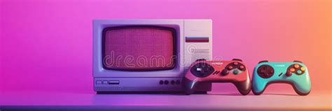 Retro Gaming Console And Controllers Placed On Table With Colorful Lighting In A Nostalgic