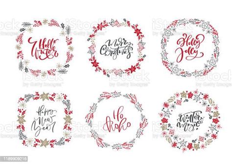 크리스마스 벡터 스칸디나비아 화환과 서예 휴일 빈티지 텍스트의 집합입니다 겨울 화환 과 함께 Xmas 문구입니다 빈티지 스타일