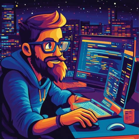 Bearded Man In Glasses Coding On Laptop With Cityscape Background Premium Ai Generated Image