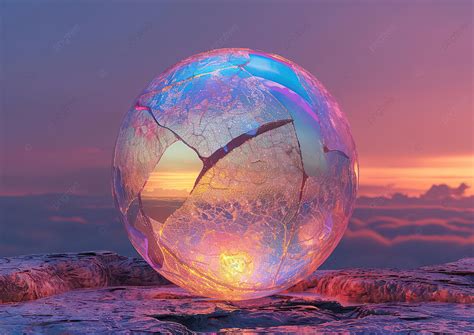빛나는 금이 간 구체는 다채로운 일몰 하늘을 배경으로 바위 표면에 놓여 있습니다 구 불타는 듯한 빛깔 일몰 배경 일러스트 및 사진 무료 다운로드 Pngtree