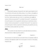 Free Fall Lab Report October 13 2015 FREE FALL Abstract We Performed An Experiment To