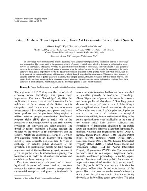 Pdf Patent Database Their Importance In Prior Art Documentation And
