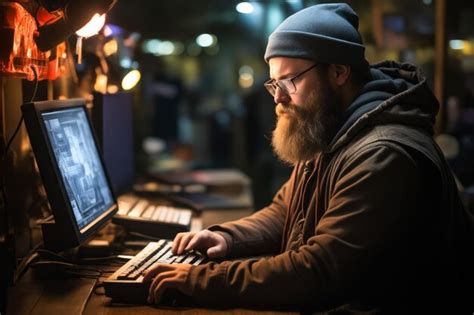 premium photo man with beard and glasses is typing on computer generative ai