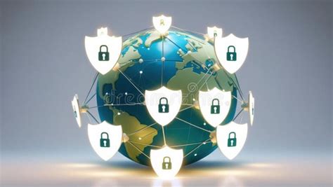 Digital Globe Surrounded By Shields Symbolizing Global Cybersecurity And Data Protection Stock