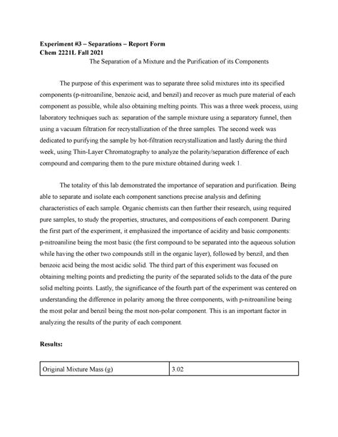 Lab 3 Separations Of Components Of A Solid Misture Experiment 3 Separations Report Form