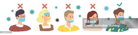 얼굴 마스크를 착용 하는 사람들 잘못 하 고 올바른 방법 보호 용 얼굴 마스크 인포 그래픽을 착용하는 방법 캐릭터 보호 거리에 대한 스톡 벡터 아트 및 기타 이미지 Istock