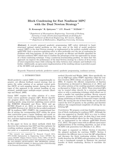 Pdf Block Condensing For Fast Nonlinear Mpc With The Dual Newton Strategy