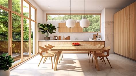세련된 주방 디자인 정원 전망 창을 갖춘 목재 및 타일 액센트의 3d 렌더링 정원 배경 고급 주방 배경 나무 주방 배경 이미지 Hd 정원 고급 주방 나무 주방