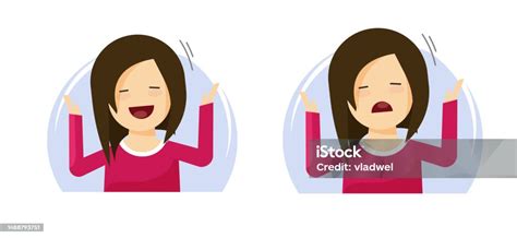 지루한 슬픈 소녀 벡터 아이콘과 행복한 미소 짓는 여자 평면 그래픽 그림 피곤한 우울한 기분 여성 짜증나는 지루한 불행한 얼굴 표현 아이 부정적인 긍정적인 감정 이미지