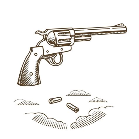 Vintage Revolver Pistol Illustration Hand Drawn Classic Handgun With