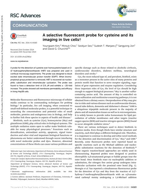 Pdf A Selective Fluorescent Probe For Cysteine And Its Imaging In