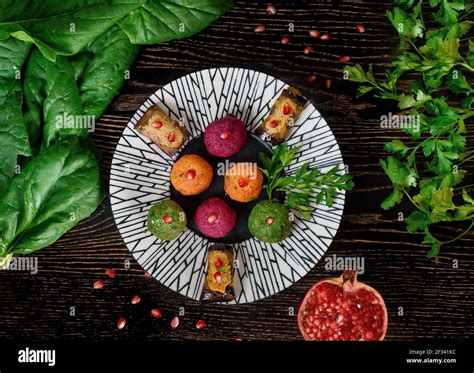 Assortment Of Pkhali From Beets Spinach Carrots Eggplant Rolls