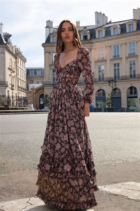 The Carmella Dress In Chocolate Peony Print V Chapman
