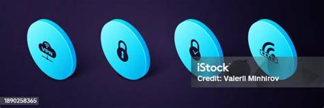 등각 투영 Wifi 잠금 시계가있는 자물쇠 잠금 및 Vpn 네트워크 클라우드 연결 아이콘을 설정합니다 벡터 0명에 대한 스톡