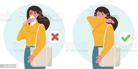 여성 캐릭터재채기 와 기침 옳고 그름 바이러스 예방 확산 플랫 스타일의 벡터 일러스트레이션 기침하기에 대한 스톡 벡터 아트 및