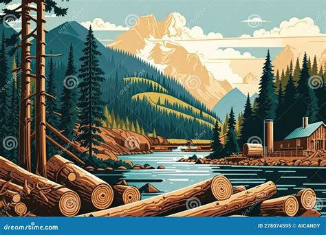 Sawmill By The River With Logs Being Floated Downstream And Processed