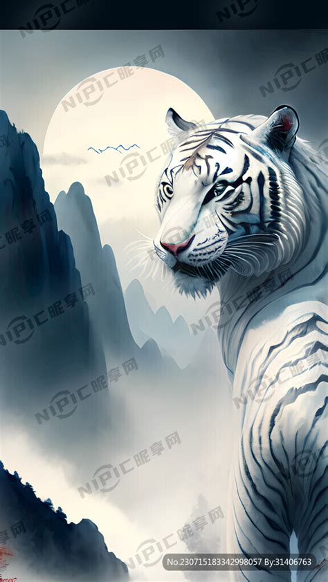 AI创作图古风白虎气势磅礴背景国潮山水画游戏梦幻唯美新中式风景超高清细节刻画明亮清晰nipic 昵图网