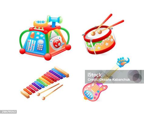 어린이 음악 장난감 장난감 기타 실로폰 어린이 음악 센터 드럼 3d 스타일로 사실적인 일러스트레이션 세트 0명에 대한 스톡 벡터 아트 및 기타 이미지 Istock