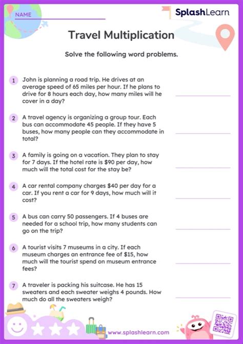 Multiply 2 Digit Numbers And 1 Digit Numbers Travel Word Problems — Printable Math Worksheet