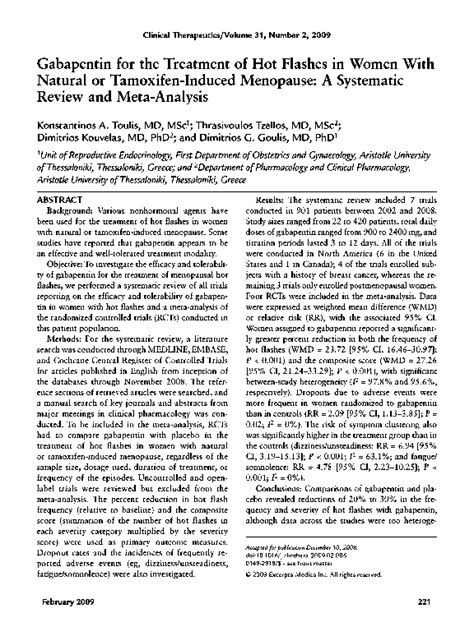 Pdf Gabapentin For The Treatment Of Hot Flashes In Women With Natural Or Tamoxifen Induced