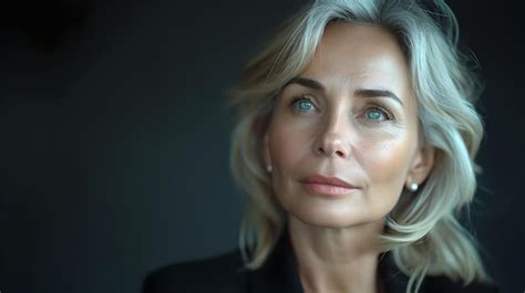 Eine Elegante Reife Frau Mit Heiterem Gesichtsausdruck Blickt Sanft In Nahaufnahme Auf Ein