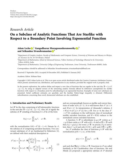 Pdf On A Subclass Of Analytic Functions That Are Starlike With