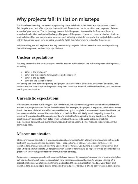 Why Projects Fail Due To Unclear Expectations And Unrealistic Timelines Pdf Communication Goal