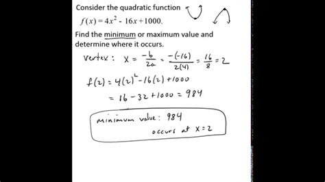 Determine A Quadratic Functions Maximum Or Minimum Value Youtube