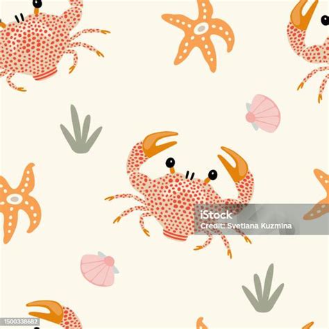 만화 게와 불가사리가 밝은 배경 벡터에 있는 매끄러운 패턴 갈고리 발톱에 대한 스톡 벡터 아트 및 기타 이미지 갈고리 발톱 게 귀여운 Istock