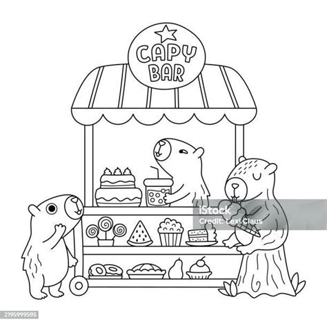 벡터 흑인과 백인 Capybaras 바퀴 와 롤링 스낵 카트 Here To Wheels 카피바라 아이콘이 있는 사탕 가게 만화 라인 과자 스탠드 그림 생과자 또는 베이커리