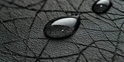 Water Droplets On Textured Black Leather Surface Reflecting Light In A Close Up View Stock