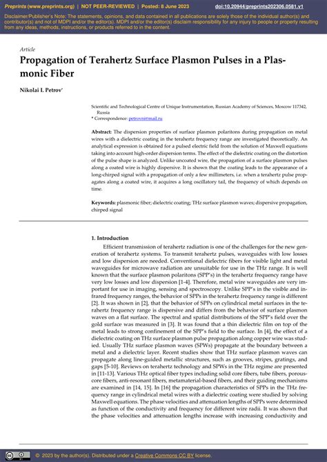 Pdf Propagation Of Terahertz Surface Plasmon Pulses In A Plasmonic Fiber