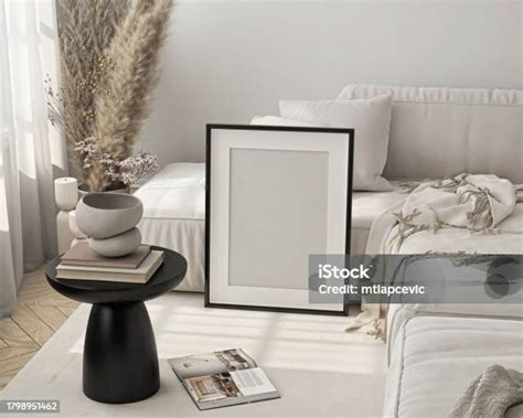 프레임 모형 Iso A 용지 크기 거실 벽 포스터 모형 집 배경이 있는 인테리어 모형입니다 모던한 인테리어 디자인 3d 렌더링 0명에 대한 스톡 사진 및 기타 이미지