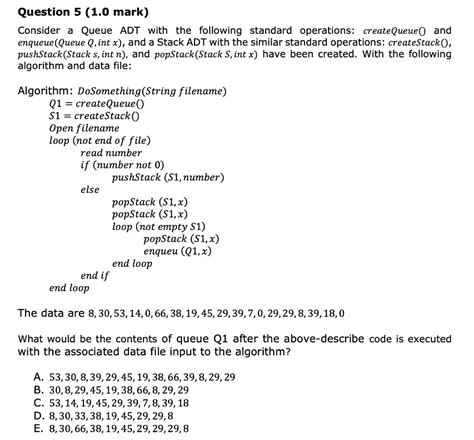 Solved Question 5 10 Mark Consider A Queue Adt With The
